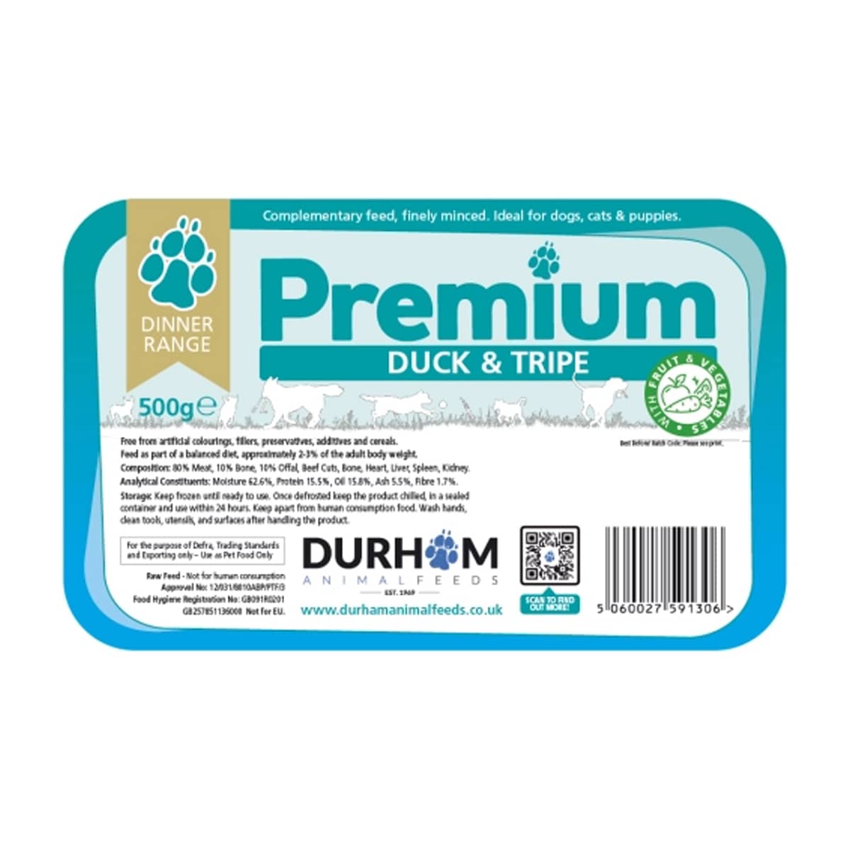 Durham Duck & Tripe Dinner, with Fruit & Veg 500g – Animal Station Ltd